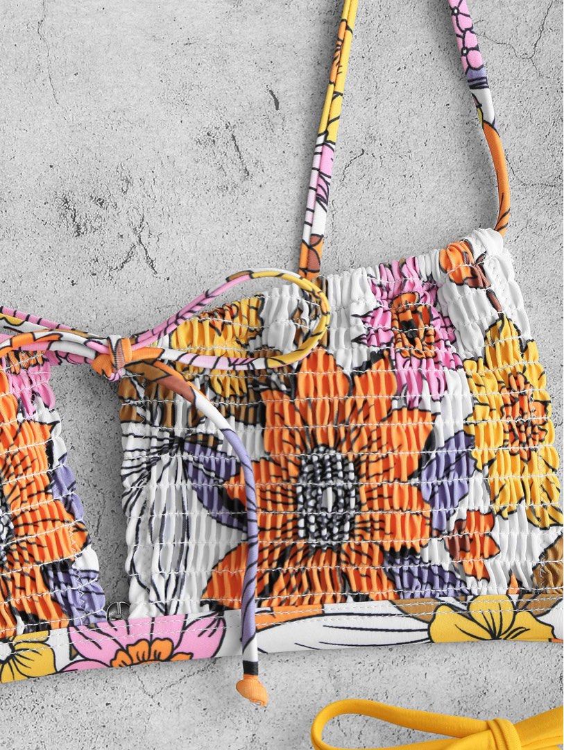 Zaful Flower Smocked Cutout String Bikini Swimwear Sun Yellow Women