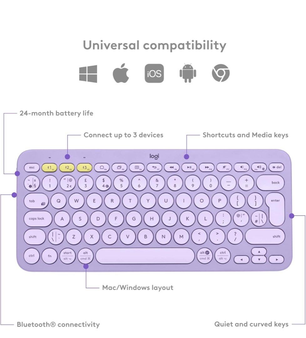 Logitech K380 Multi-Device Bluetooth Keyboard (Lavender), Computers ...