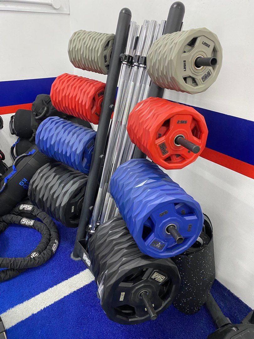 Must go! Full barbell set & FREE weight plate rack, Sports Equipment ...
