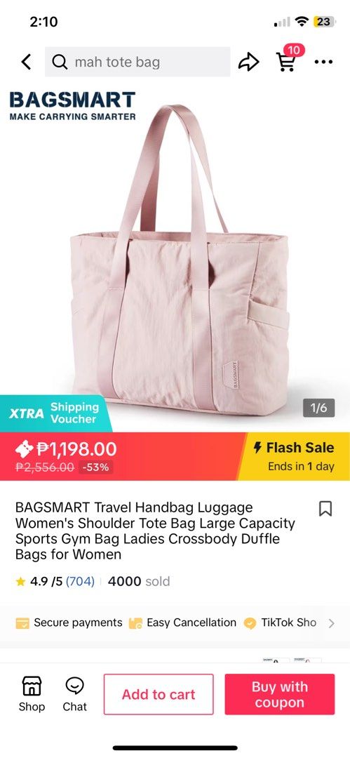 pastel pink puffer tote bag bagsmart, Women's Fashion, Bags & Wallets ...