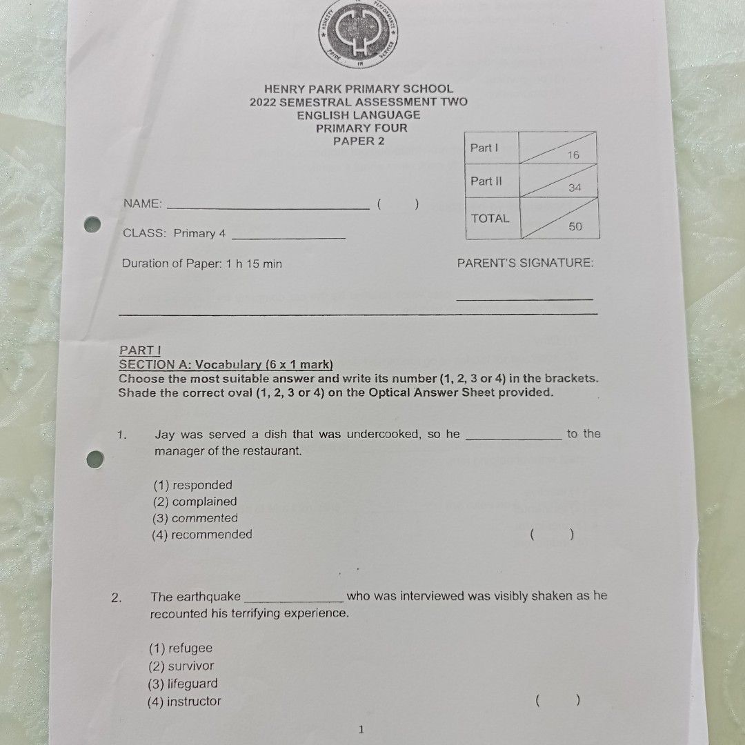 Primary 4 (P4) English past year paper of 2022 Semester 2 Henry Park ...