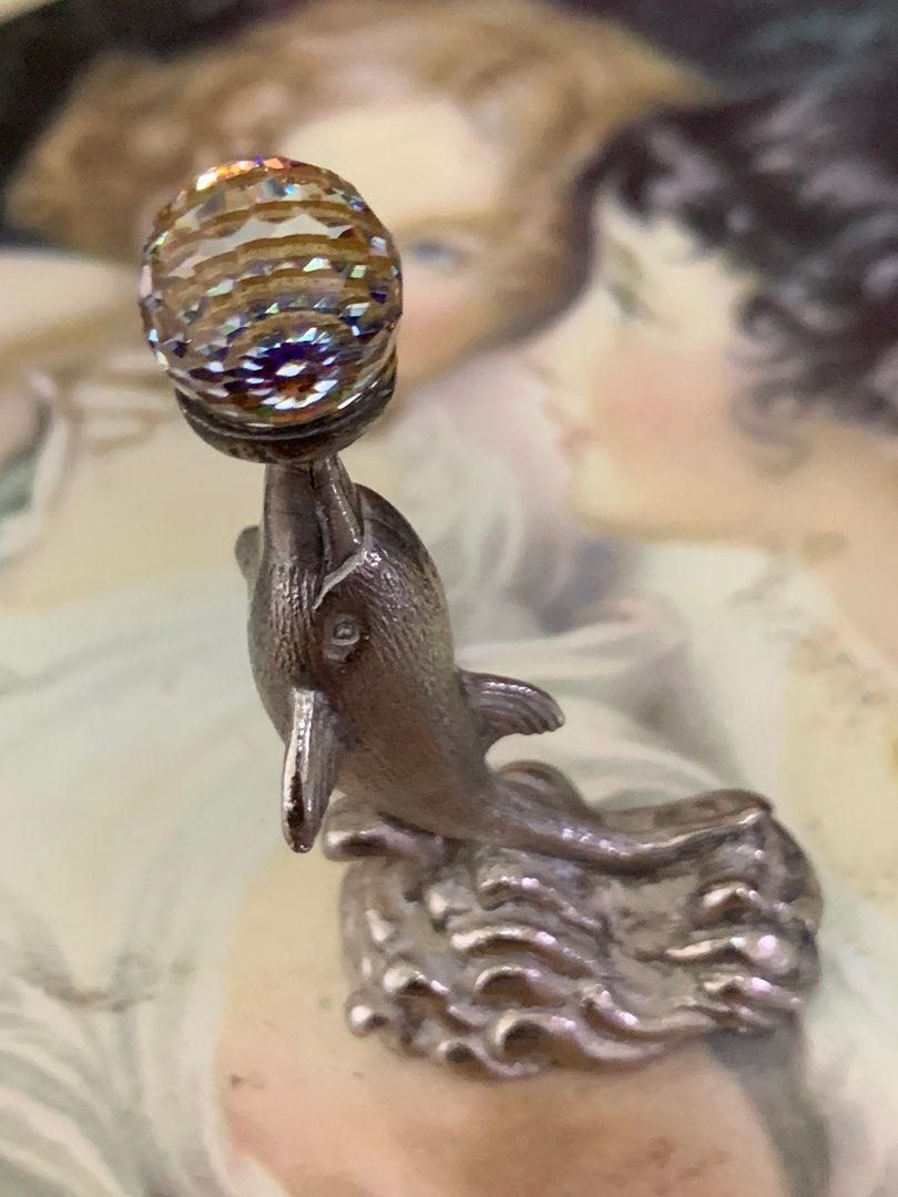 Vintage WAPW Pewter silver DOLPHIN with a Crystal ball fireball colour ...
