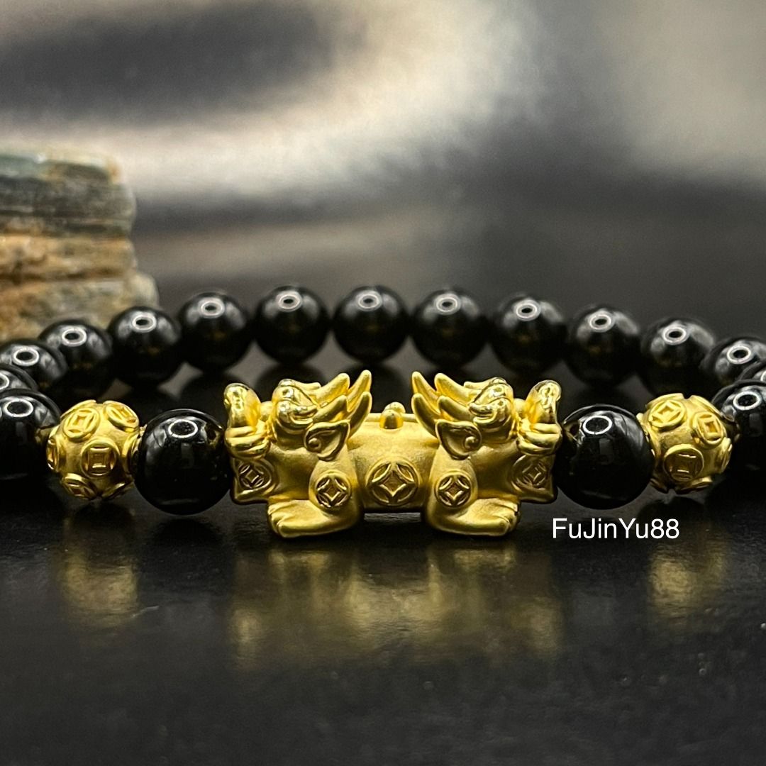 24K Gold Double PiYao, 24K Gold Lucky Money Ball in Black Tourmaline ...
