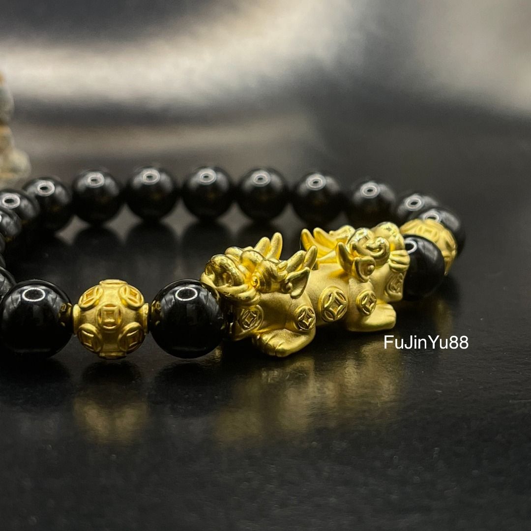 24K Gold Double PiYao, 24K Gold Lucky Money Ball in Black Tourmaline ...