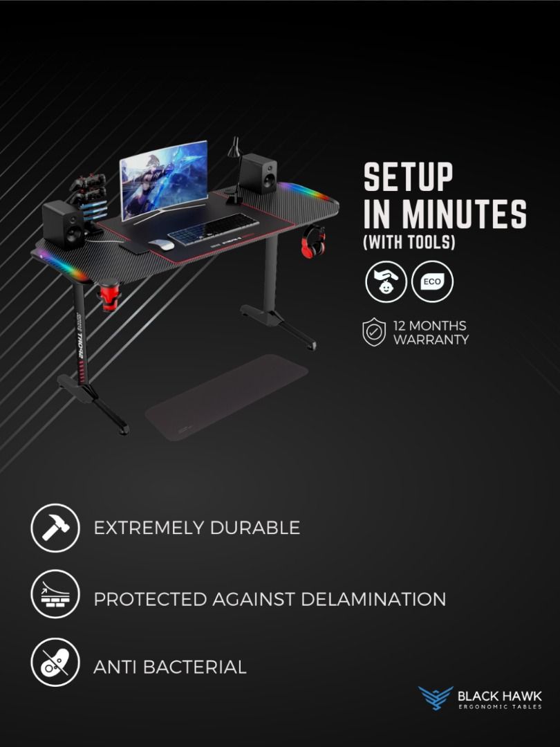 Black Hawk RGB Gaming Desk / Computer Table (E-Sports Desk) Carbon ...