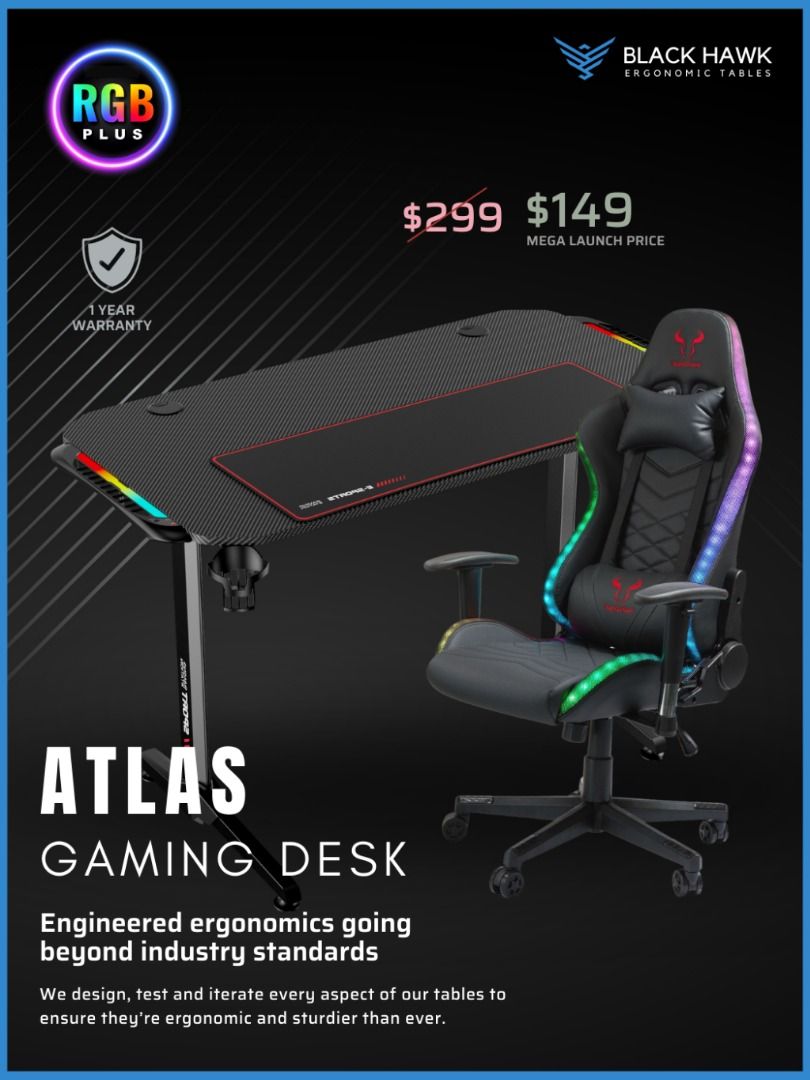 Black Hawk RGB Gaming Desk / Computer Table (E-Sports Desk) Carbon ...