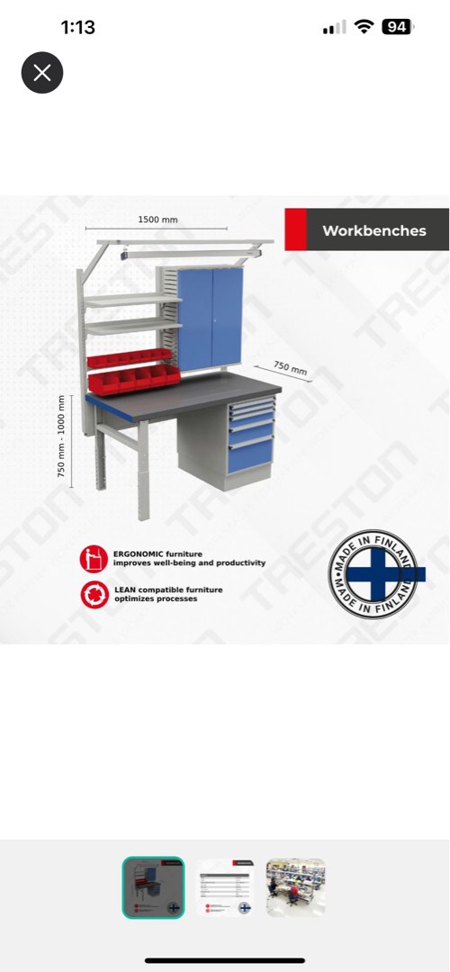 TRESTON Heavy Duty Adjustable Height Steel Workbench Worktop with Cabinet, Shelving, and Drawer ...
