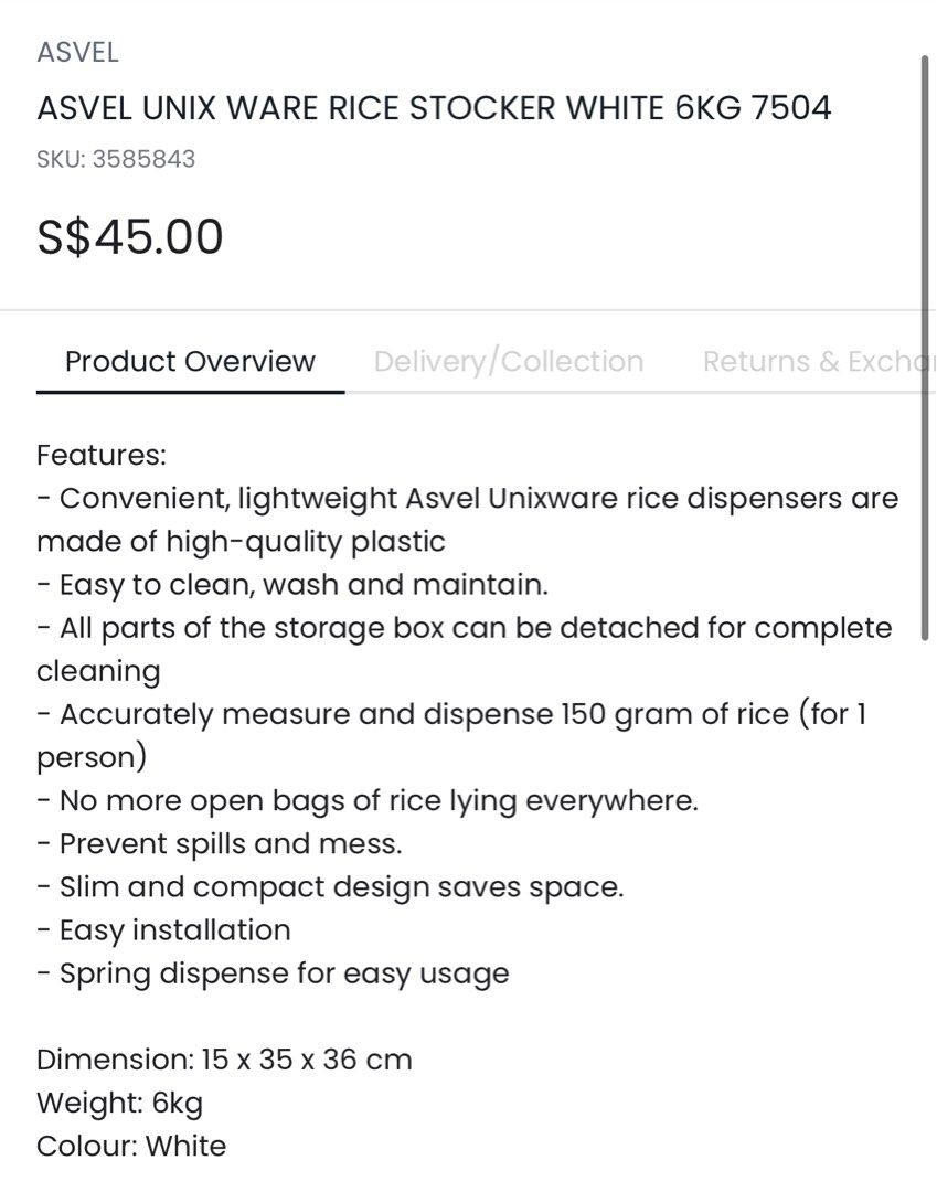 Unix ware rice dispenser, TV & Home Appliances, Kitchen Appliances ...