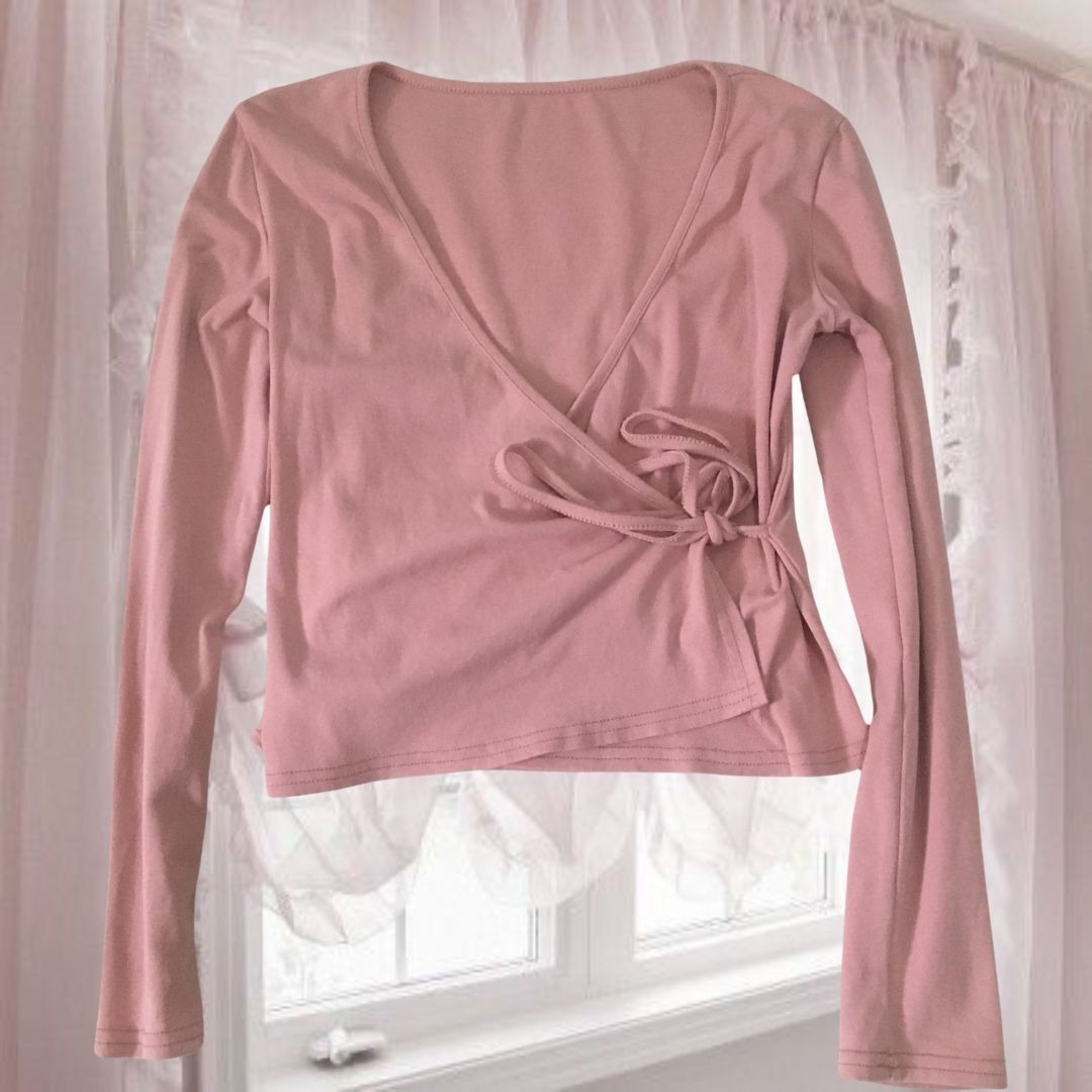balletcore coquette pink wrap longsleeves top, Women's Fashion, Tops ...