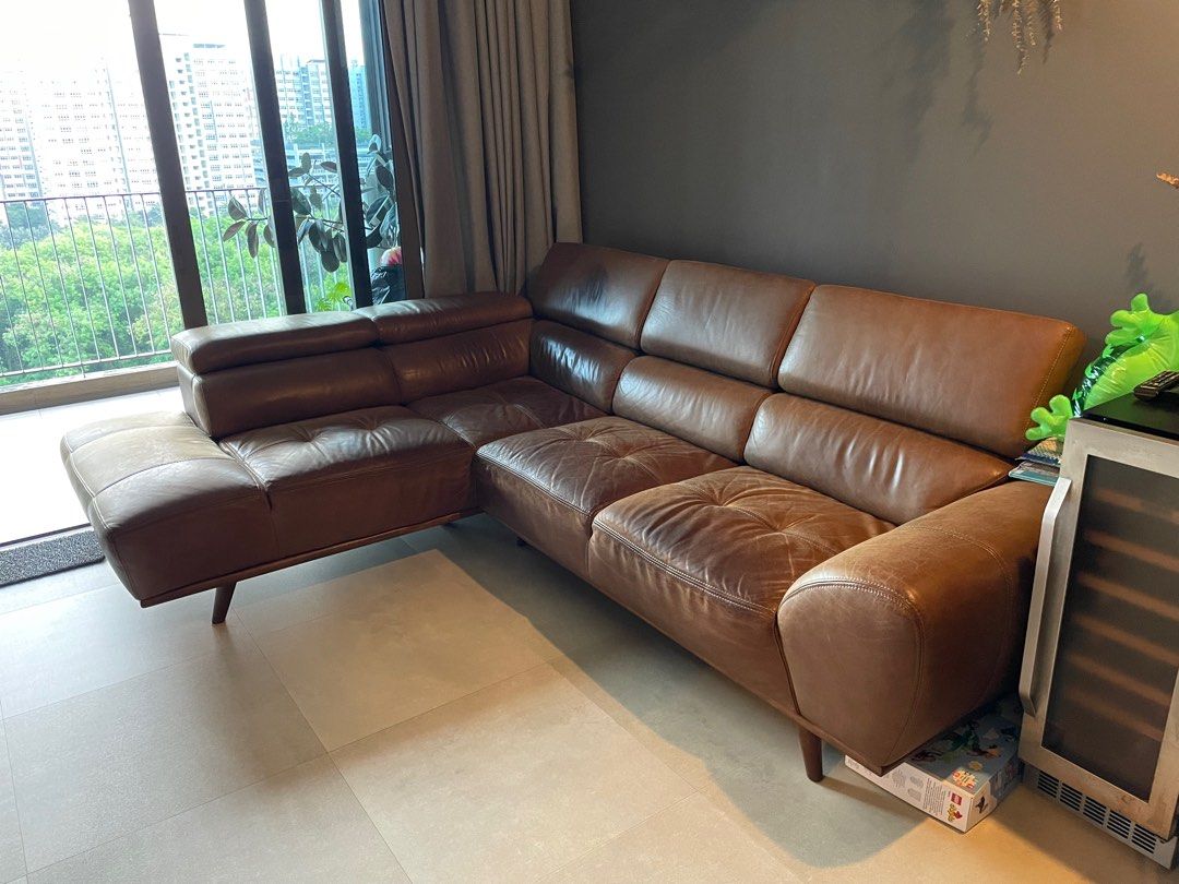 Full grain leather L-shaped sofa, Furniture & Home Living, Furniture ...