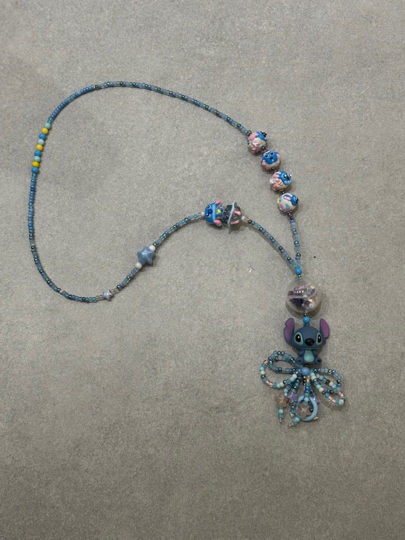 Hand drawn Stitch beads and authentic Stitch figurine landyard, Hobbies ...