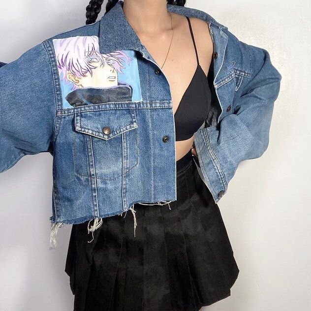 Jujutsu Kaisen Gojo Satoru Hand-Painted Cropped Denim Jacket, Women's ...