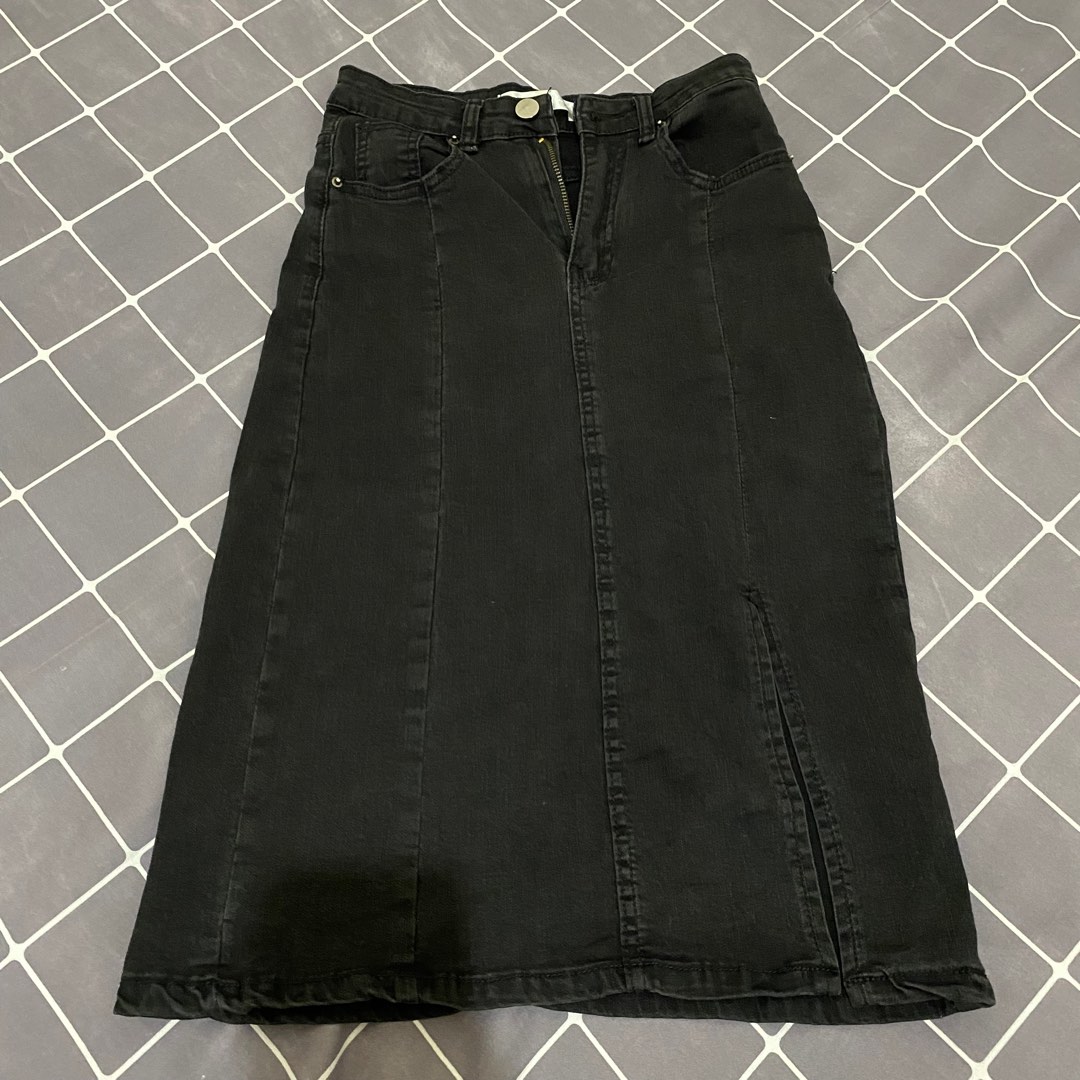 Rok midi hitam belah samping | rok semi jeans melar | skirt midi slip ...
