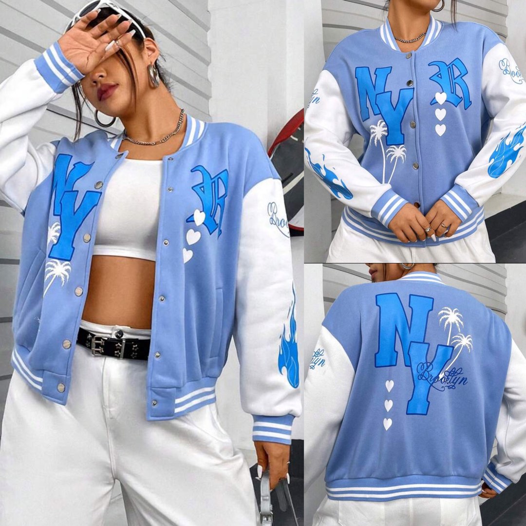 SHEIN brand new blue white Letter Print And Colorblock Design varsity ...