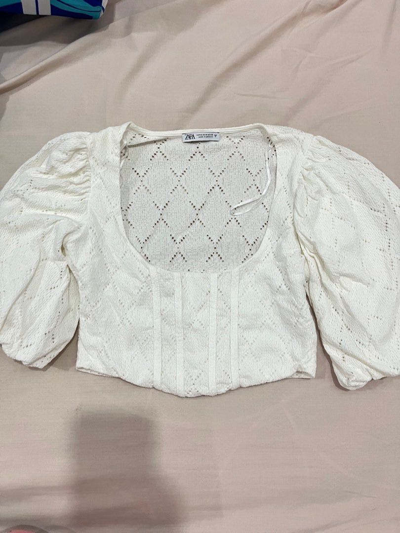 Zara Voluminous Eyelet Top, Women's Fashion, Tops, Blouses on Carousell