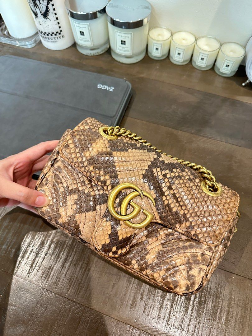 Gucci GG Marmont small model shoulder bag in rosy beige python, Luxury ...