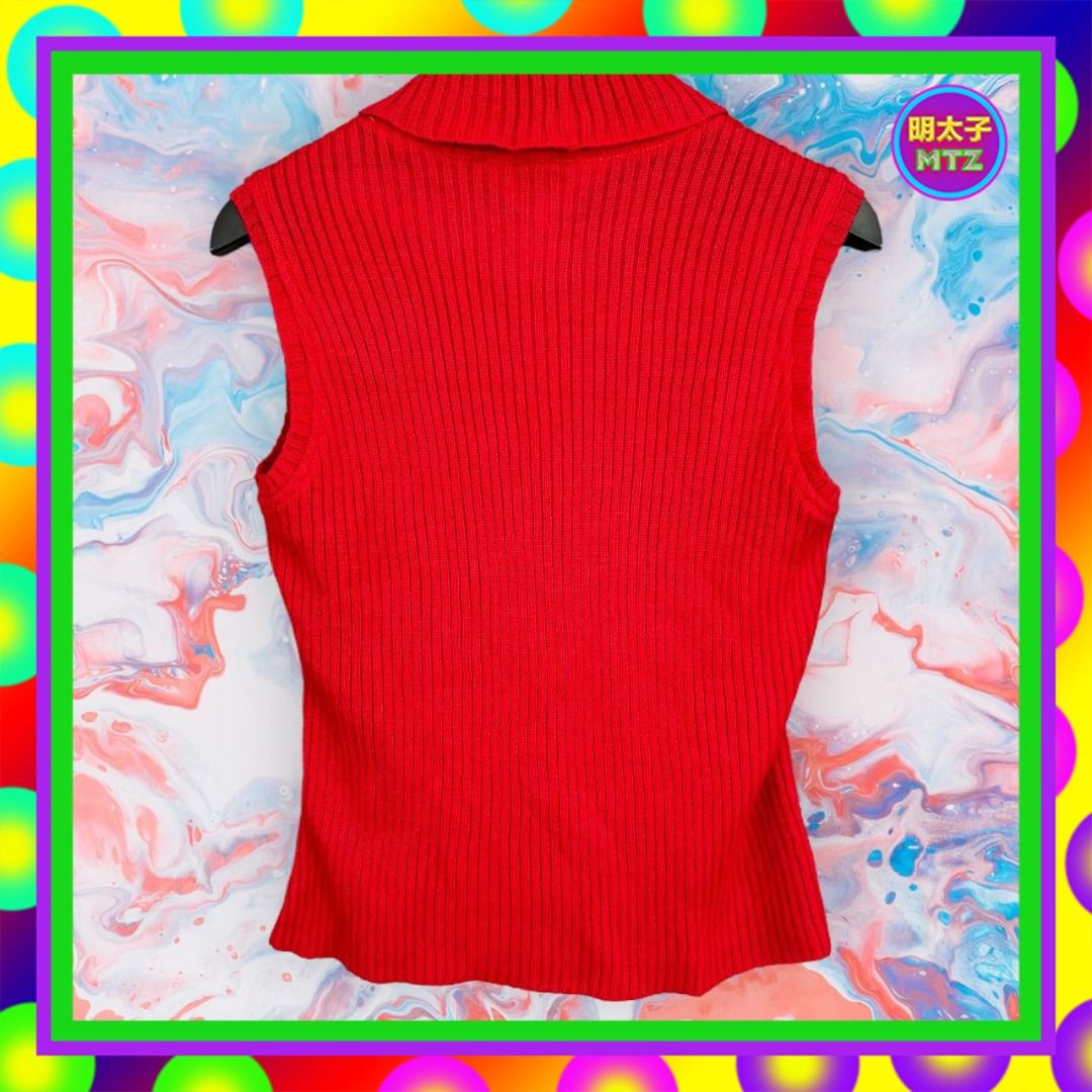 二手 紅灰配色 針織 拼接 牛仔 彈性 珠飾 套頭 合身 背心 F1228 【明太子 古著應召站】, 她的時尚, 上衣, 背心、無袖在旋轉拍賣