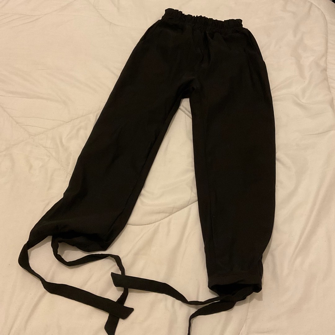 Black Garterized Tie Pants, Women's Fashion, Bottoms, Other Bottoms on ...