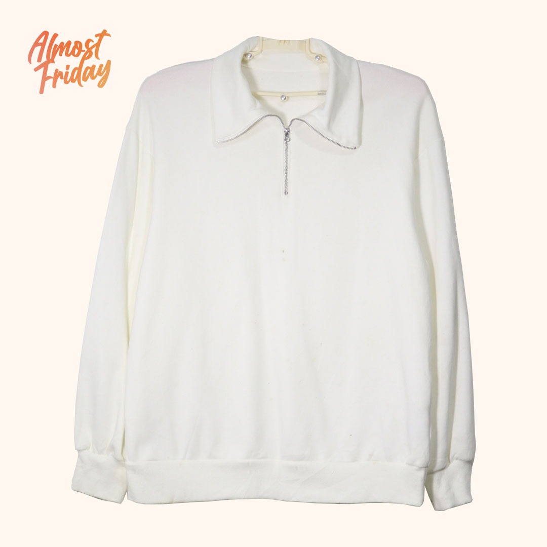 GU by UNIQLO White Half Zip Sweatshit (Preloved) Large, Men's Fashion ...
