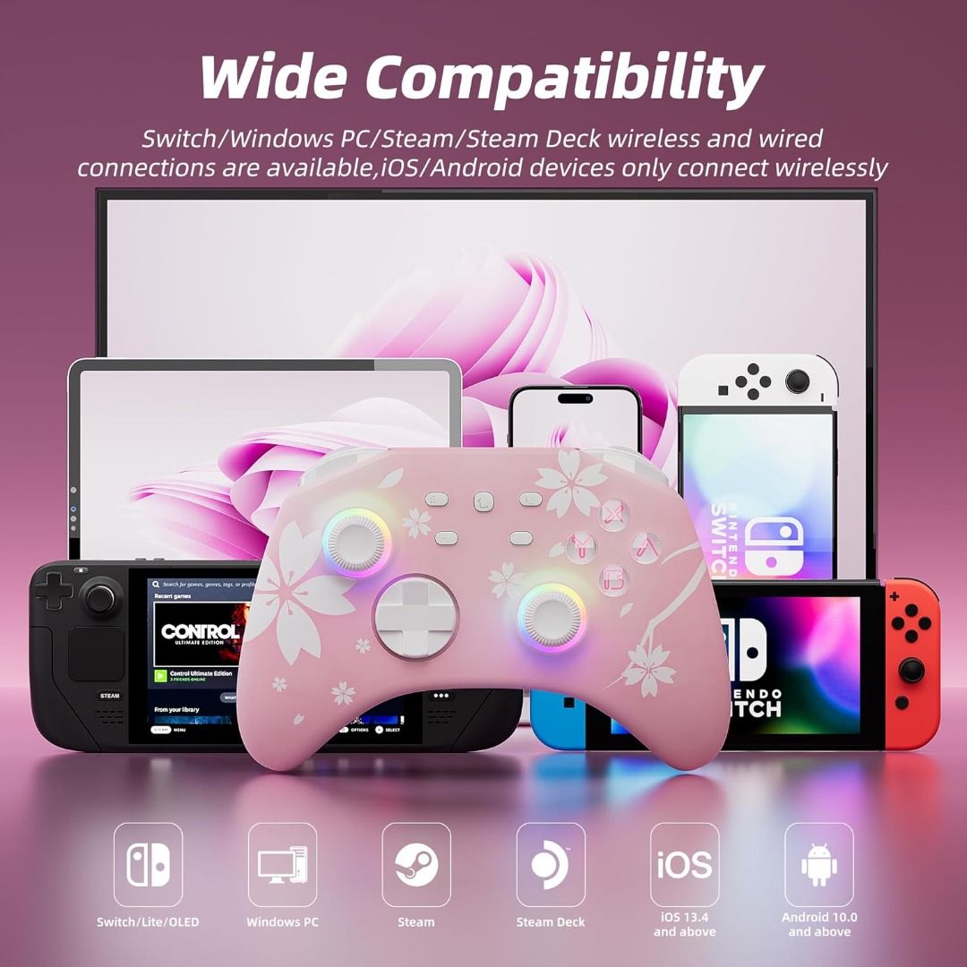 Mytrix Wireless Pro Controllers with Hall Effect Joystick (No Drift),Sakura Pink Bluetooth ...