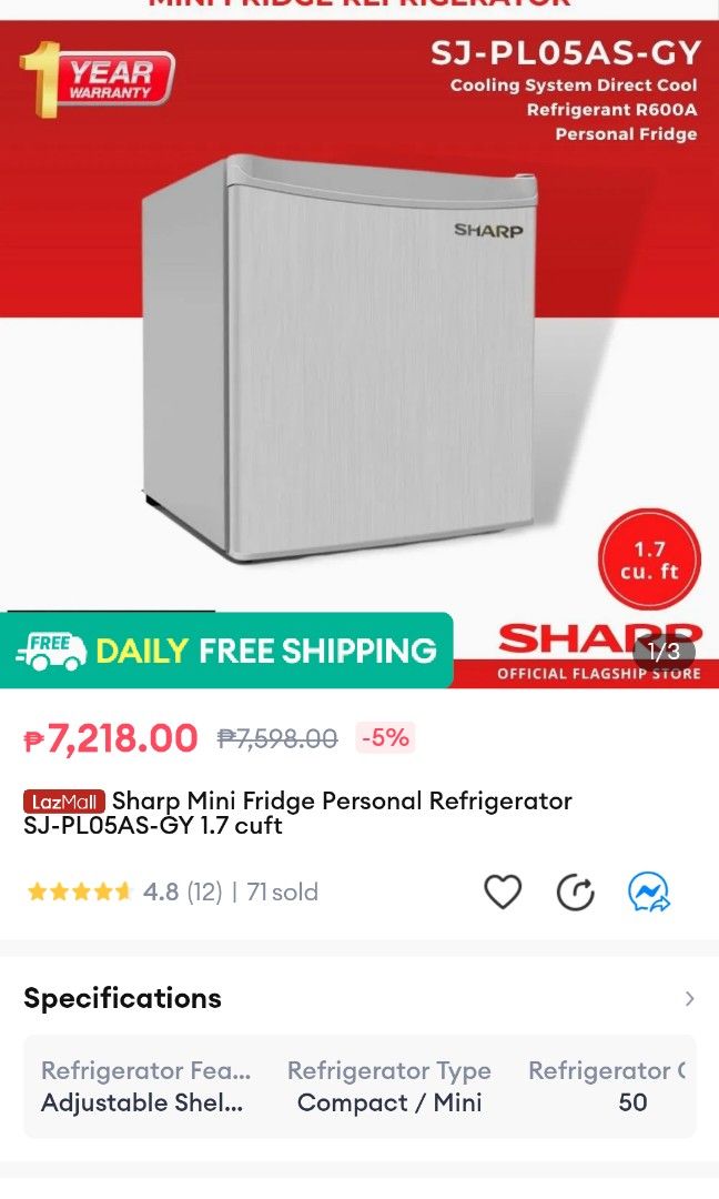 Sharp mini ref/fridge 1.7 cu. ft. for skincare/bedroom/bar fridge, TV ...
