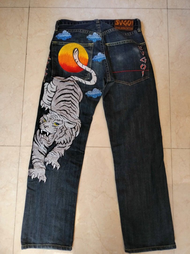 SUGOI TIGER EMBROIDERY TATTOO JEANS, Men's Fashion, Bottoms, Jeans on ...