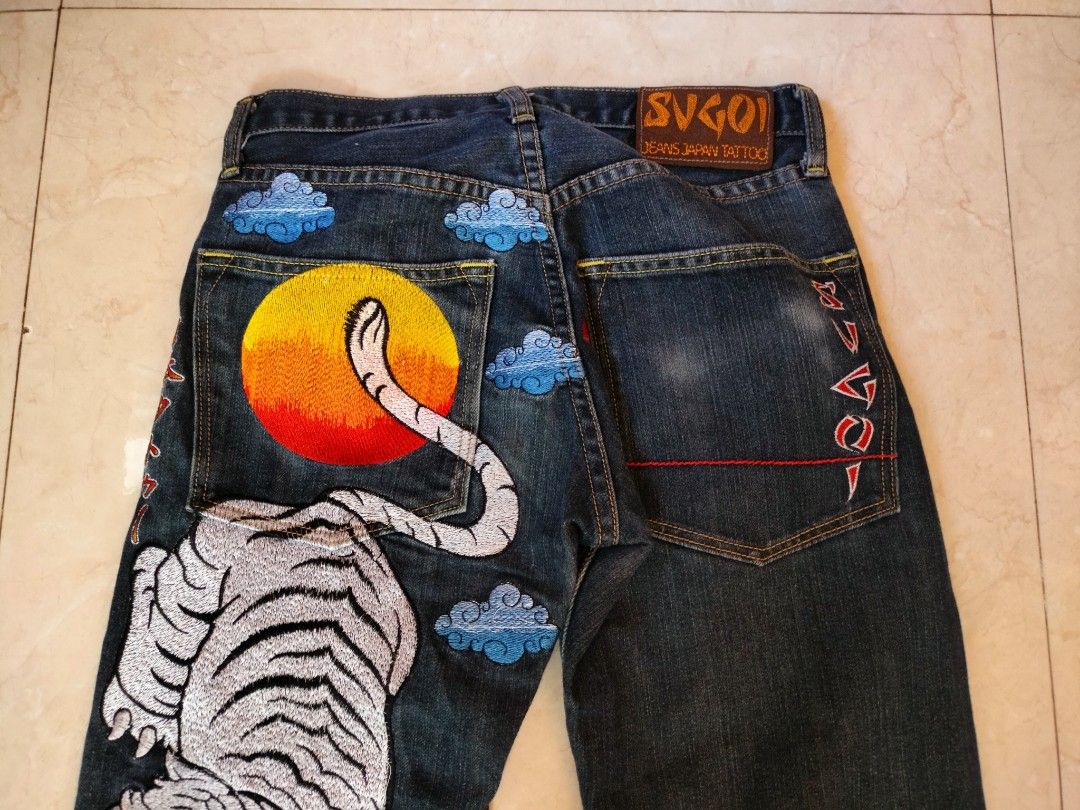 SUGOI TIGER EMBROIDERY TATTOO JEANS, Men's Fashion, Bottoms, Jeans on ...