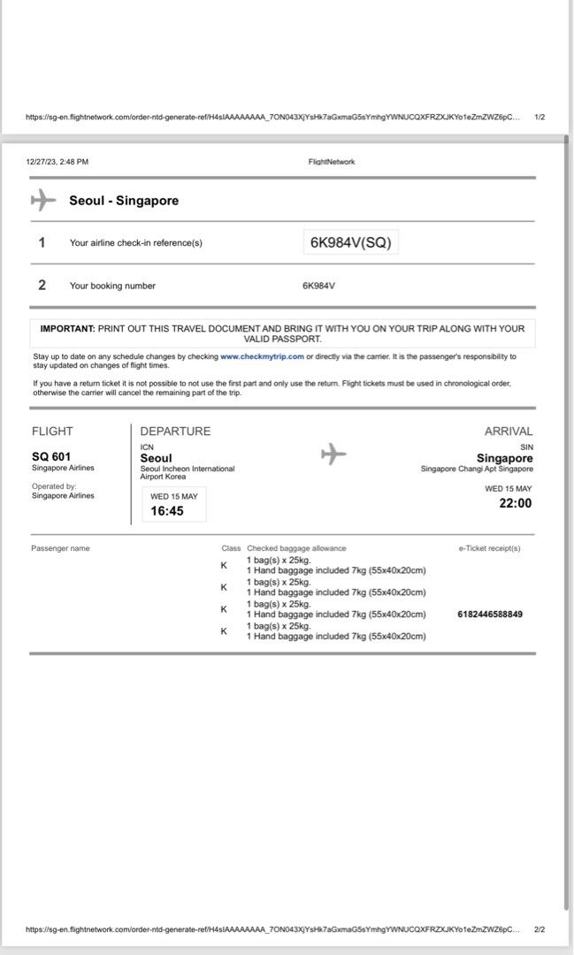 1 ticket to seoul for 2 weeks, Singapore Airlines, Tickets & Vouchers ...