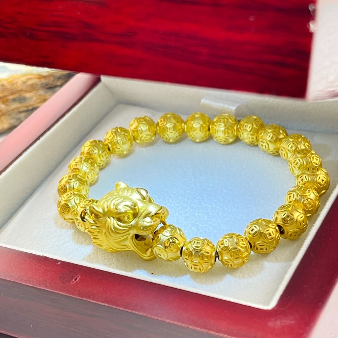 24K Real Gold Tiger Head in I-Ching Balls for Men's Bracelet, Women's ...