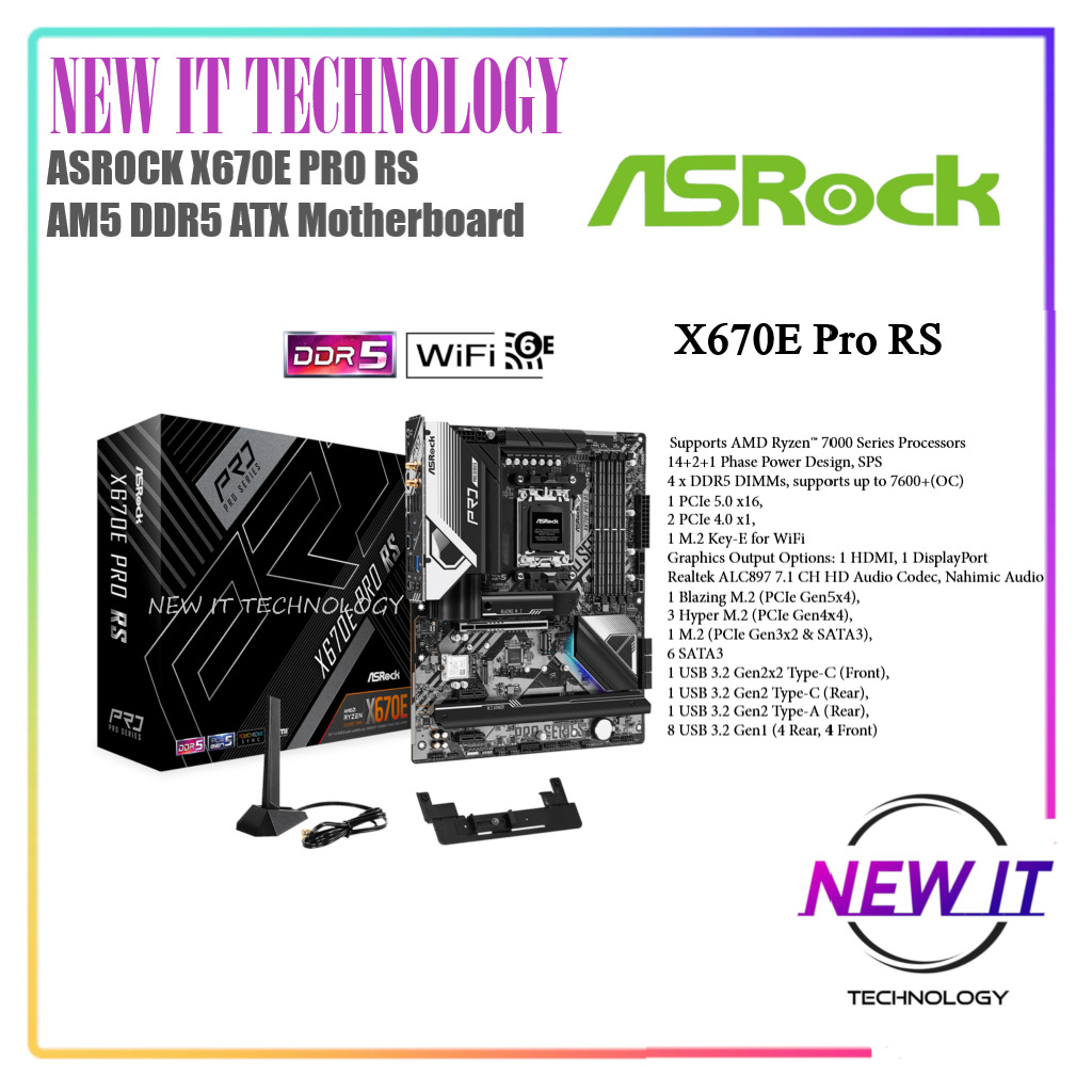 ASRock X670E Pro RS AM5 X670 DDR5 PCIe 5.0x16 Front USB3.2 Gen2x2 Type ...