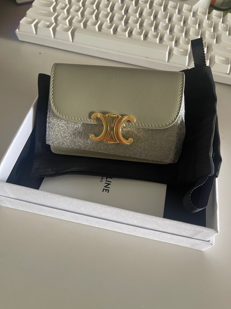Celine card holder with flap triomphe (clay green), Luxury, Bags & Wallets on Carousell
