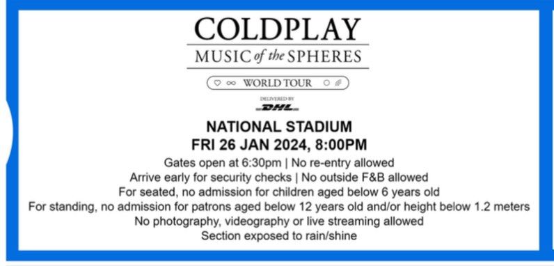 *GOOD SEATING* Coldplay 2x cat4 tickets on 26/01/2024, Tickets ...