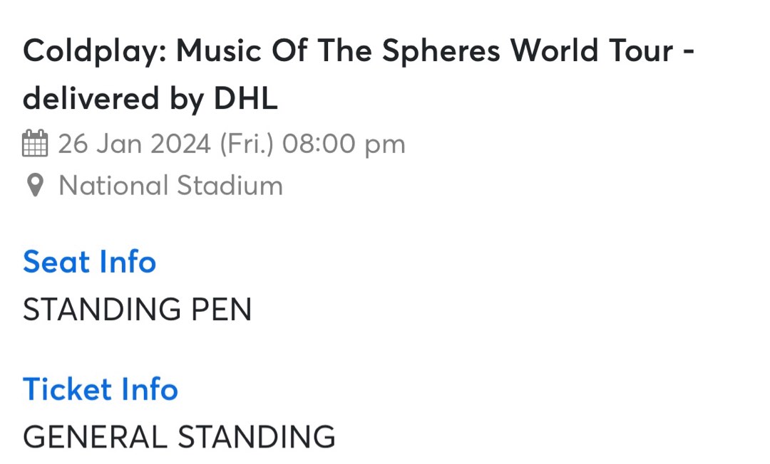 COLDPLAY (STANDING PEN) 26TH JAN 2024, Tickets & Vouchers, Event ...