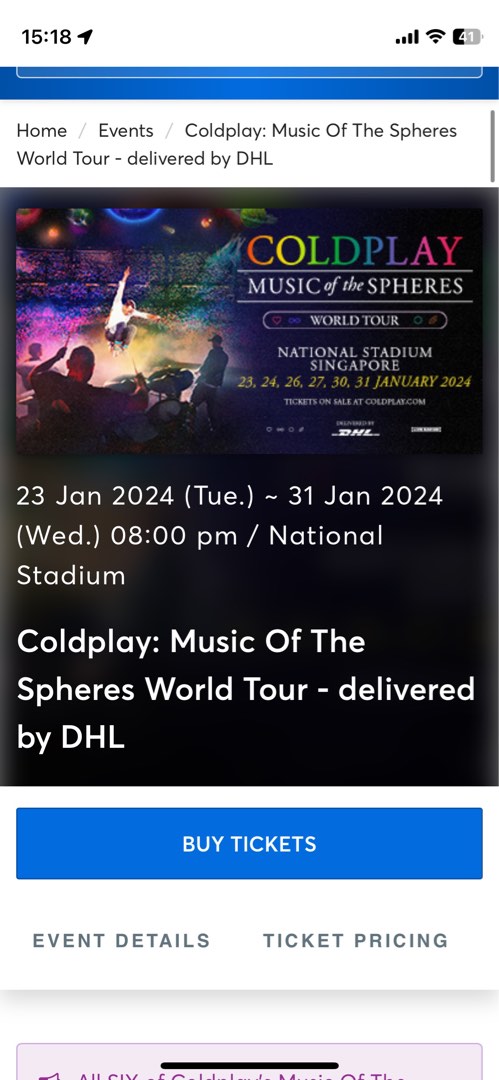 Coldplay standing singapore tickets (31 jan), Tickets & Vouchers, Event ...