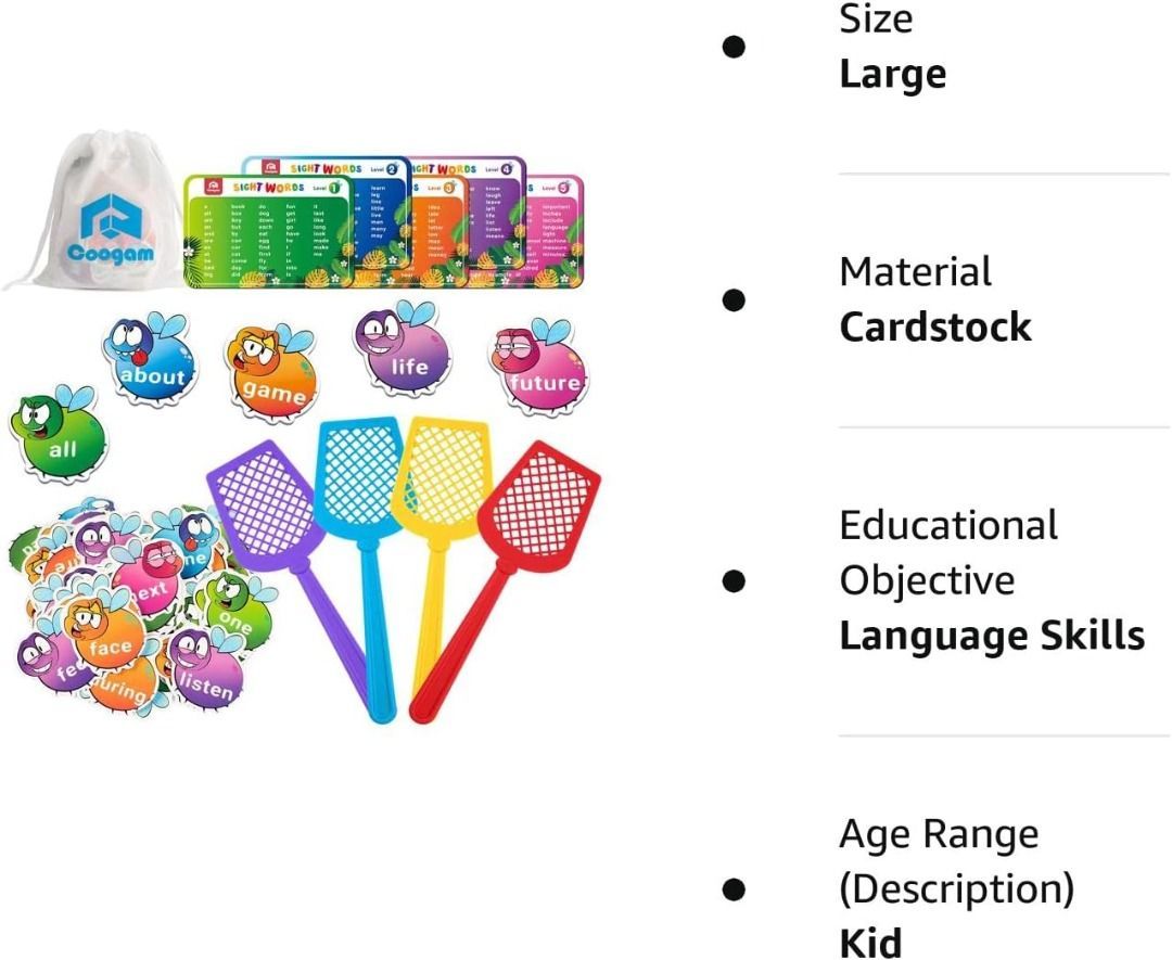 Coogam Sight Words Swat Game with 400 Fry Site Words and 4 Fly Swatters ...