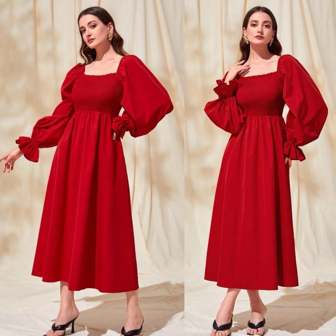 SHEIN red puff sleeves smocked semi formal elegant classy maxi long ...