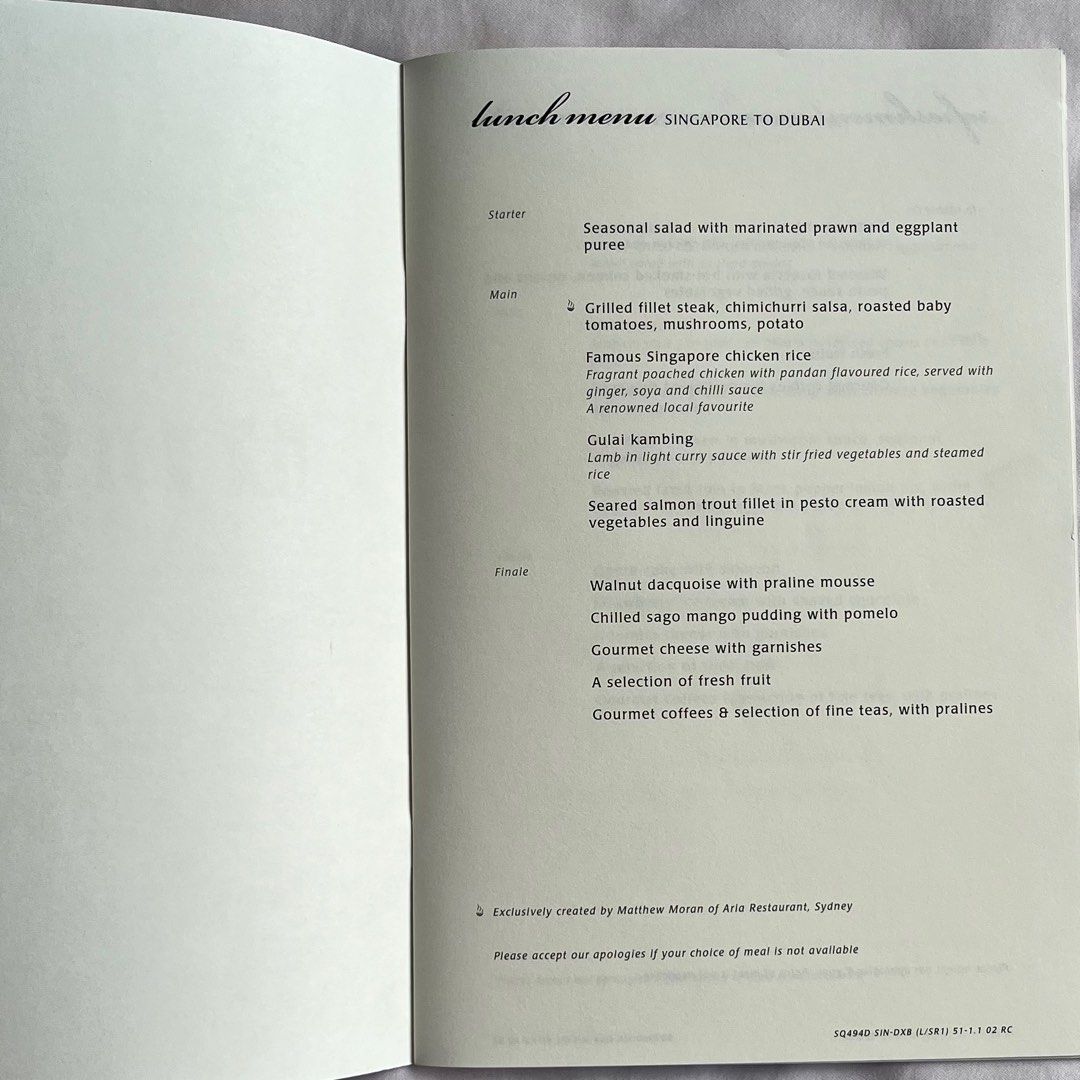 Singapore Airlines (SIA, SQ) business class F&B menu, Hobbies & Toys ...