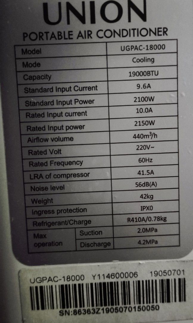 UNION PORTABLE AIRCON 2HP, TV & Home Appliances, Air Conditioning and ...