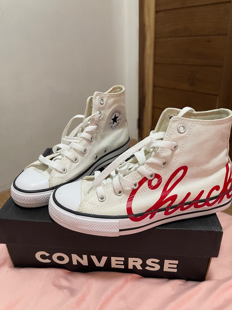 Converse White and University Red High Cut, Women's Fashion, Footwear ...