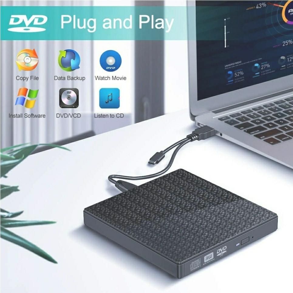 External CD DVD Drive, Type C & USB 3.0 CD DVD RW Reader Rewriter with ...