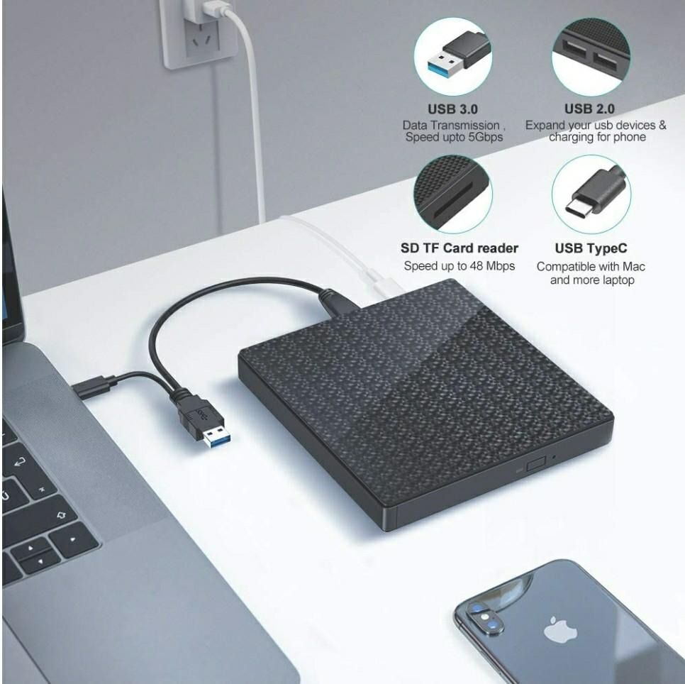 External CD DVD Drive, Type C & USB 3.0 CD DVD RW Reader Rewriter with ...