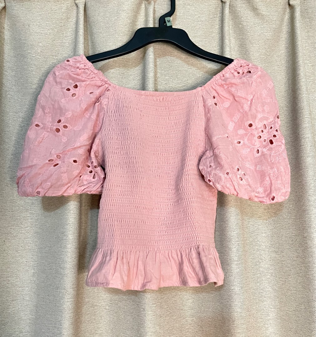 Light pink puff top smocked eyelet, Women's Fashion, Tops, Blouses on ...