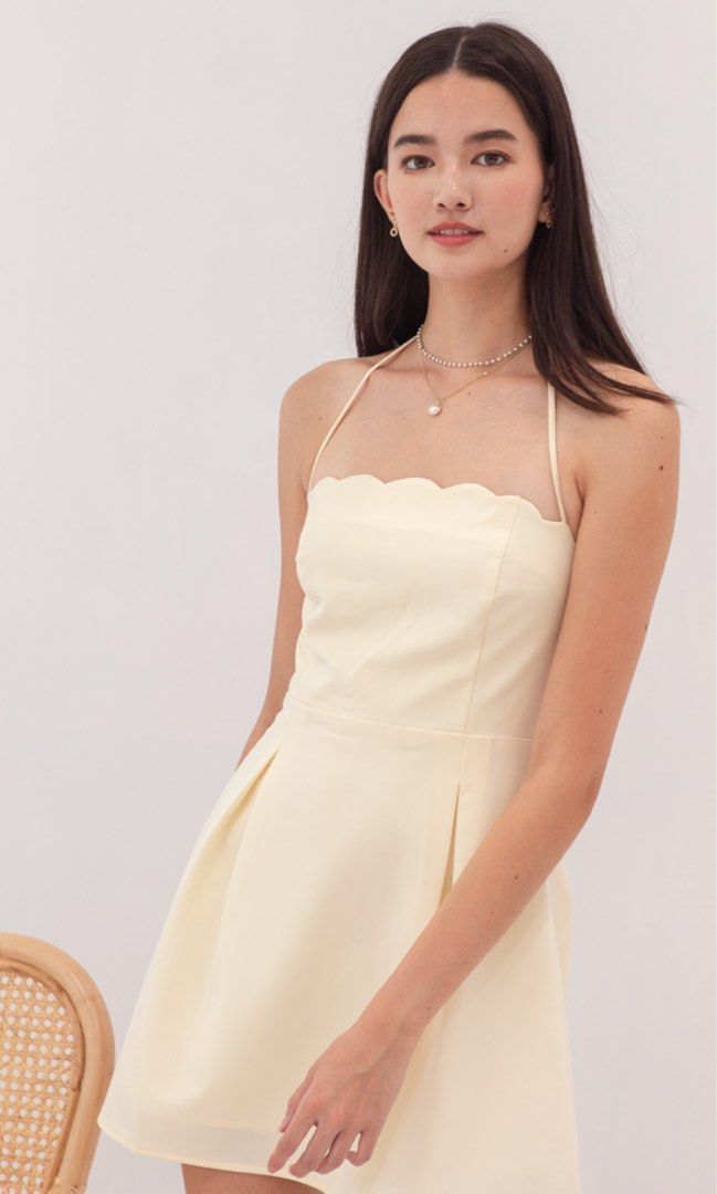 Mikayla Natalia Scallop Halter Dress in Yellow Cream, Women's Fashion, Dresses & Sets, Dresses ...