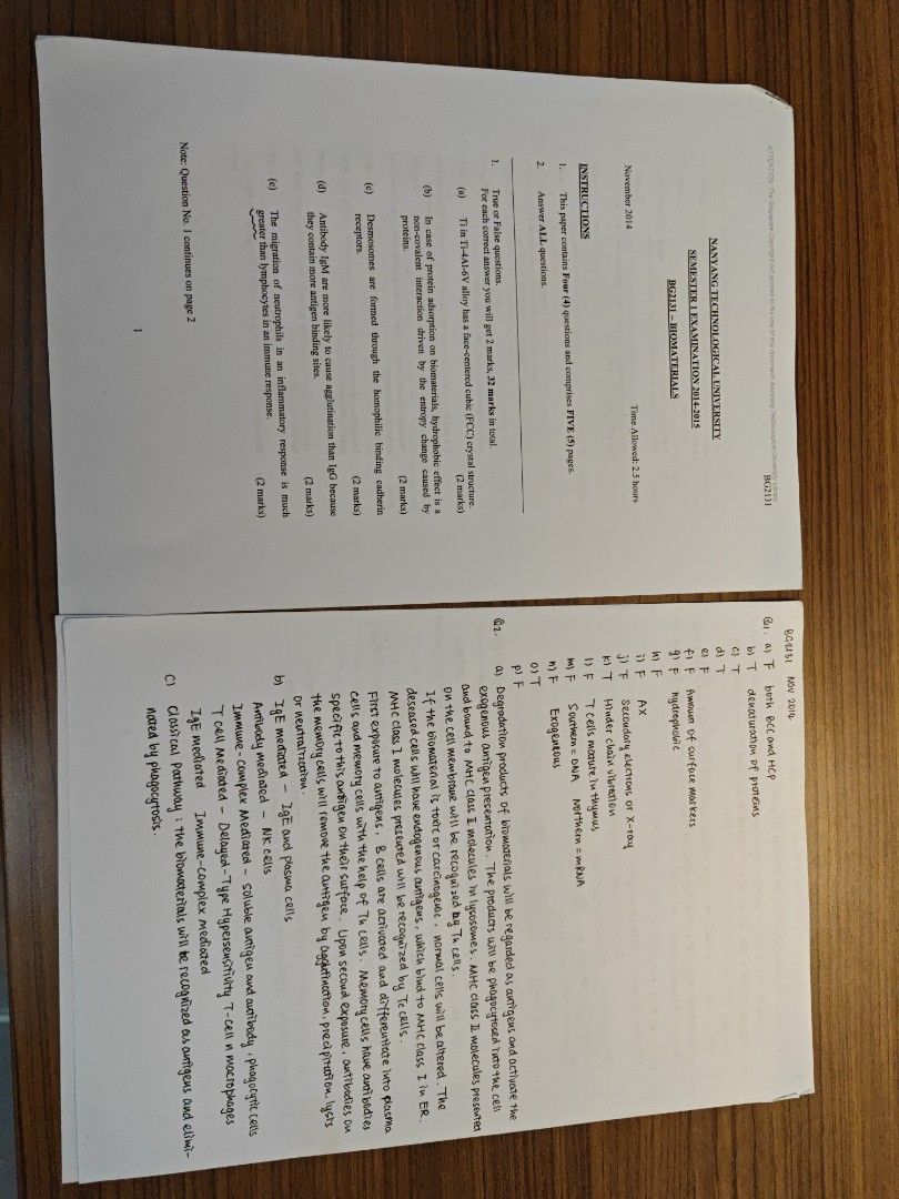 NTU BG2131 Biomaterials Handwritten Lecture Notes, Tutorials and Past ...