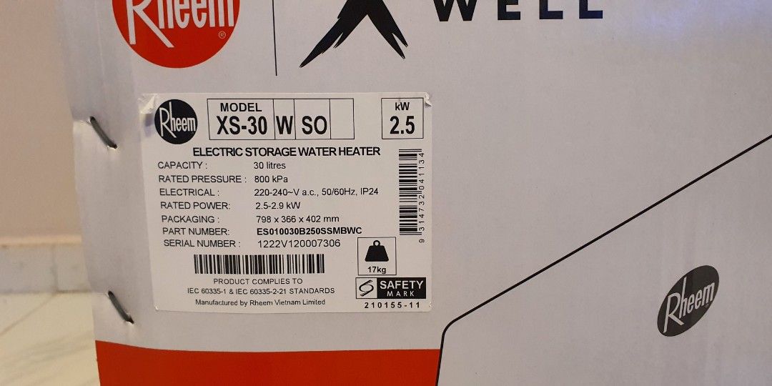 Rheem Electric storage Water heater XS-30 slim 30 Litres, TV & Home ...