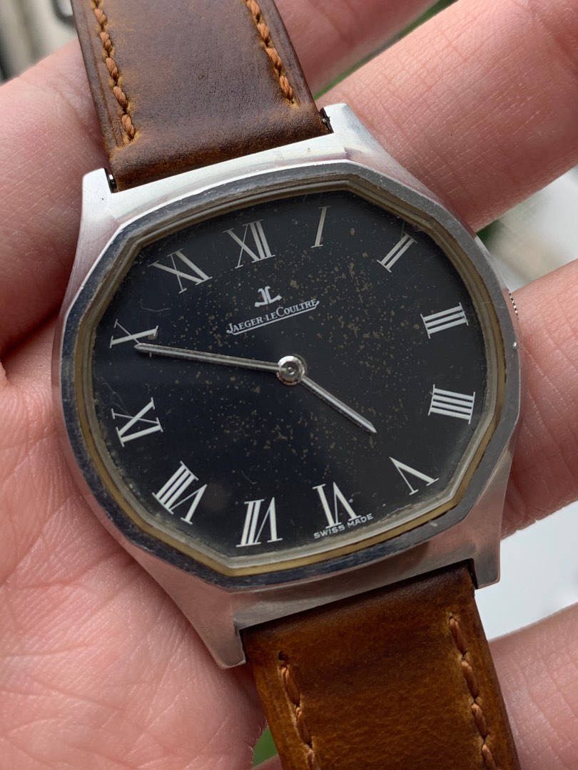 (Very rare) JLC with a elongated octagon case and patina black dial ...