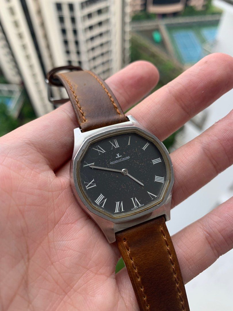 (Very rare) JLC with a elongated octagon case and patina black dial ...