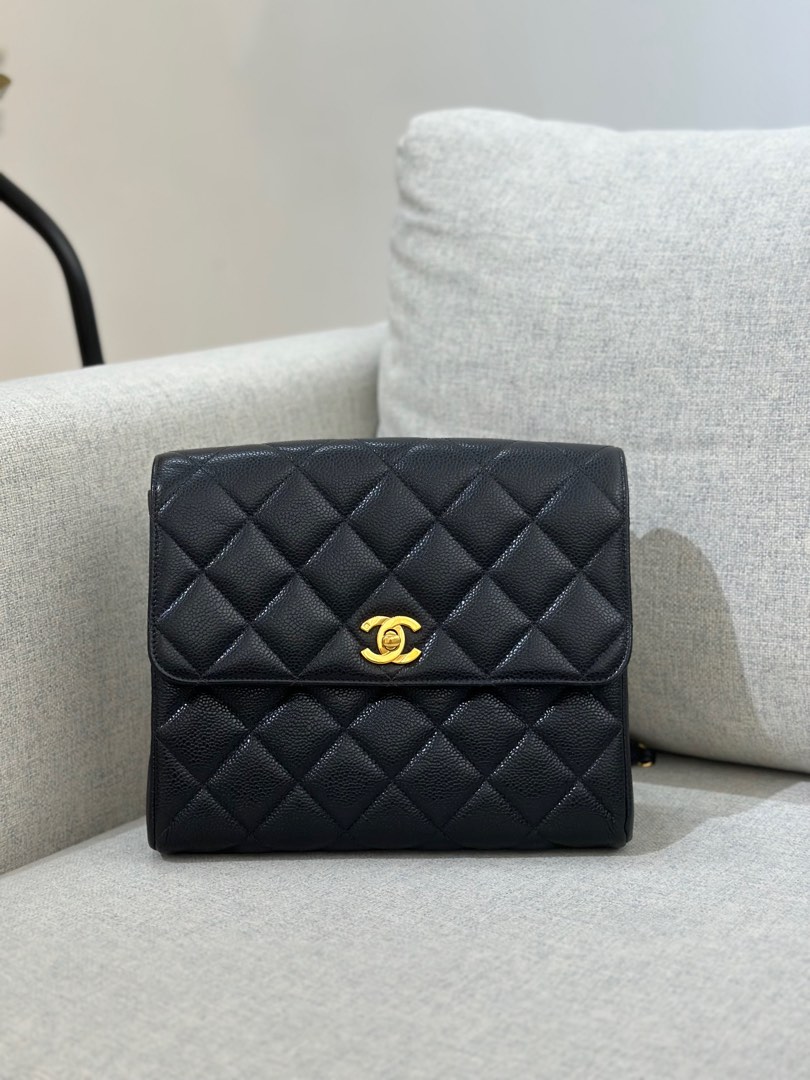 Vintage Chanel Small Square Crossbody Bag Black Caviar 24k Gold ...
