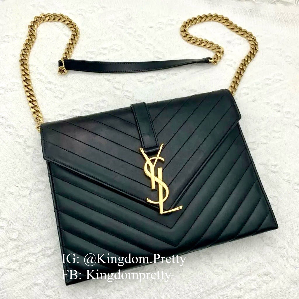 YSL Saint Laurent Monogram Logo Envelope Chevron Quilted Flap Bag in ...