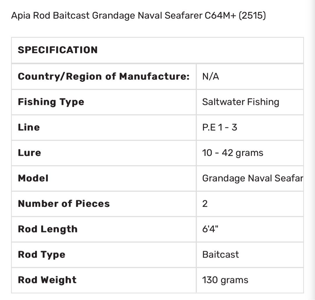 Apia Grandage Naval Seafarer C64+, Sports Equipment, Fishing on Carousell